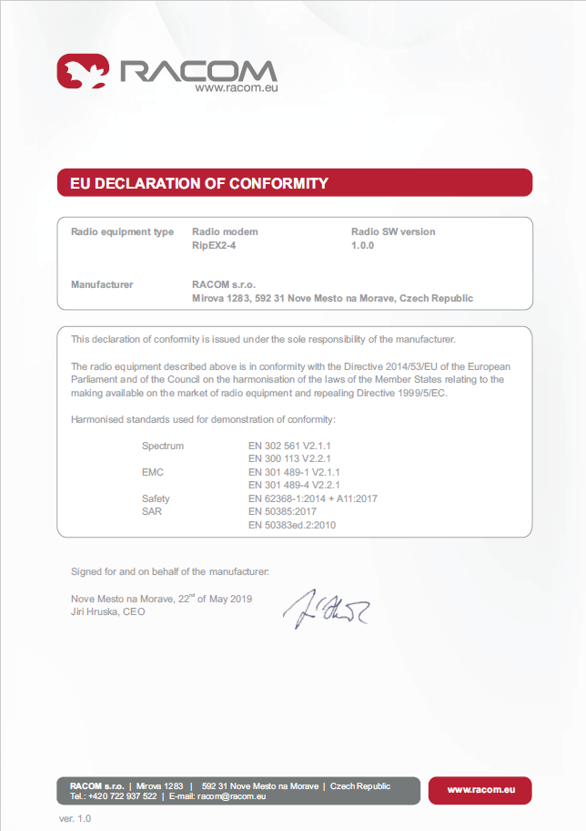 RipEX2 Radio modem & Router - 10. Safety, environment, licensing | RACOM